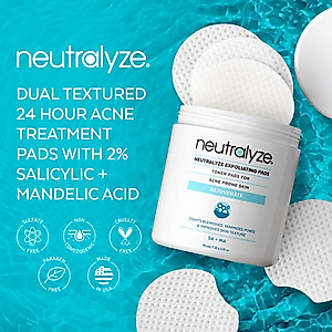 Neutralyze Exfoliating Acne Treatment Pads - 100 Dual Textured Acne Face Wipes with 2% Salicylic Acid & 2% Mandelic Acid - Toner Pads for Acne Prone Skin, Face & Body Acne Wipes for Teens & Adults
