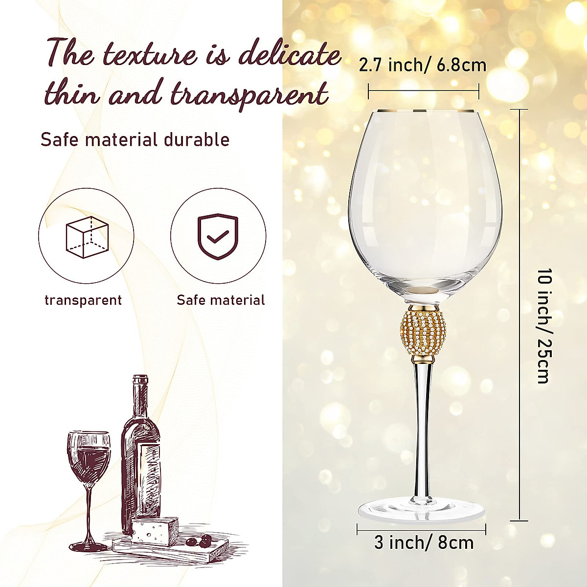 Patelai 2 Pieces Rhinestone Red Wine Valentine's Day Glass with Rim Tulip Shaped Diamond Wine Glasses Long Stem Glassware for Wedding, Parties, Anniversary