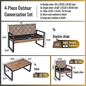 FocusOnHome 4-Piece Patio Furniture Set Outdoor Balcony Porch Garden Backyard Lawn Furniture Acacia Wood Table Top, Morden Black and Light Brown