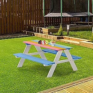Mederra Rainbow Kids Picnic Table for Outdoor, Wooden Table & Chair Set, Kids Activity Sensory Table
