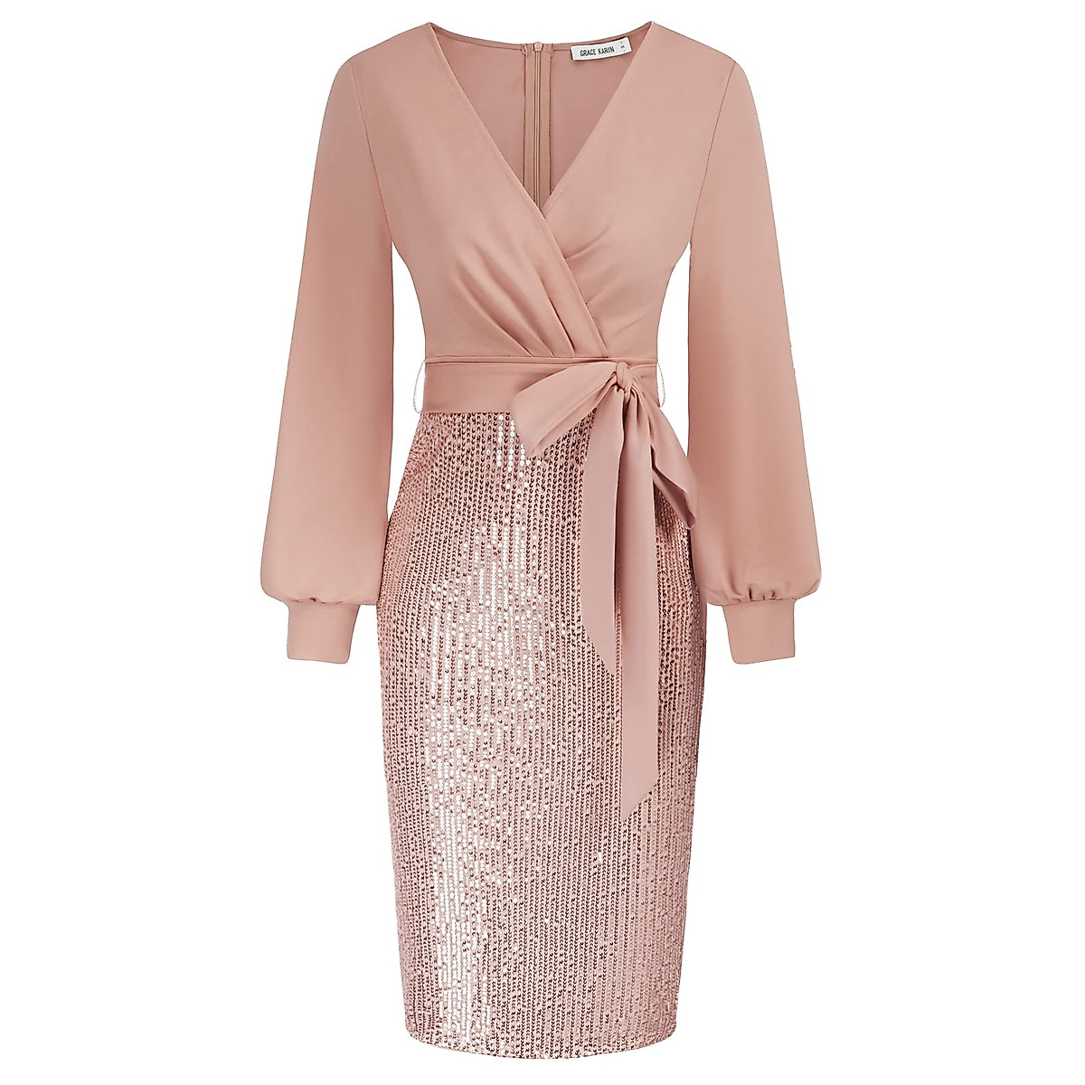 GRACE KARIN Women's Sequin Bodycon Dress Wear to Cocktial Party Long Sleeve Pencil Dress Pink S