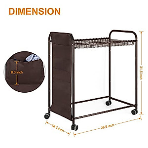 Pants Hangers Rolling Trolley Trousers Rack with 20 Storage Hangers Movable Rolling Pants Closet Organizer Shelf with Side Bag for Jeans, Scarf, Trouser, Dark Brown