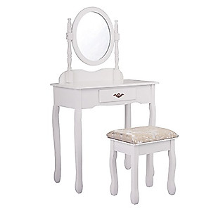 Makeup Vanity Set with 360° Rotating Mirror and Large Drawer, Modern Bedroom Dressing Table and Cushioned Stool, for Girls Women, White
