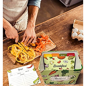 Complete Kitchen Recipe Box Set with 36 Cards, 12 Dividers & Wooden Card Holder | Recipe Card Organizer, Decorative Metal Recipe Tin Set for 4x6 Cards