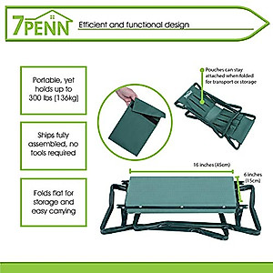 7Penn Garden Stool - 2 in 1 Garden Kneeler and Garden Work Seat Green Foldable Stool with Pouches and Cushioned Seat