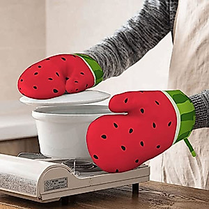 1 Pair Thickened Cartoon Watermelon Kitchen Silicone Oven Mitts, Summer Fruit Waterproof Polyester Pot Holder Gloves for Grilling Microwave