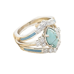 Pingyongchang 3 PCS Ring Set Natural Turquoise Diamond Rings Turquoise Silver Color Rings for Women Turquoise Jewelry Sparkling Natural Gemstone Size 8