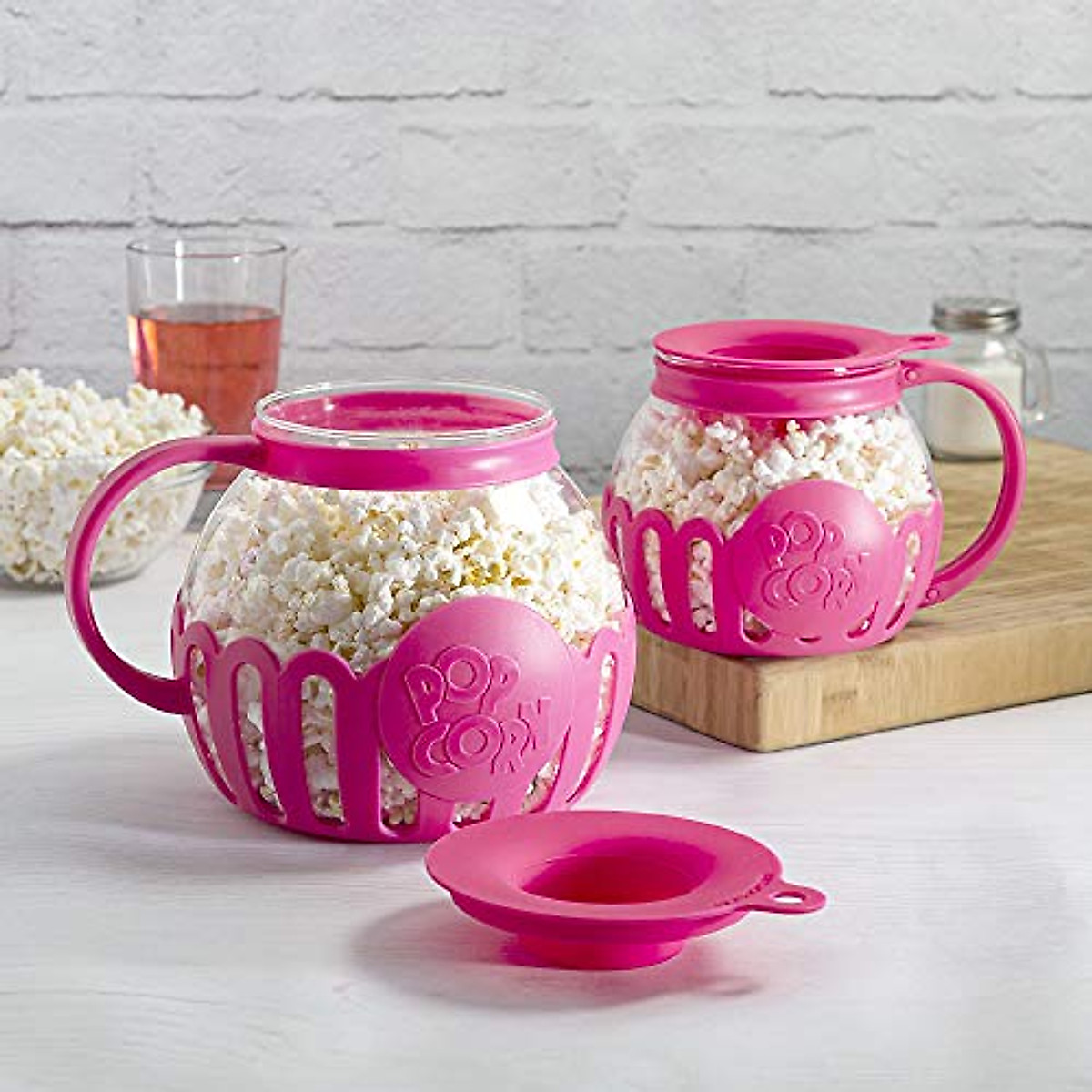 Ecolution Patented Micro-Pop Microwave Popcorn Popper with Temperature Safe Glass, 3-in-1 Lid Measures Kernels and Melts Butter, Made Without BPA, Dishwasher Safe, 3-Quart, Hot Pink
