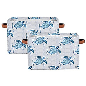 Ocean Sea Turtle Storage Basket Cube Turtoise Mermaid Sclae Large Toys Storage Box Bin with Handle Collapsible Closet Shelf Cloth Organizer for Nursery Bedroom,15x11x9.5 in,1 Pack