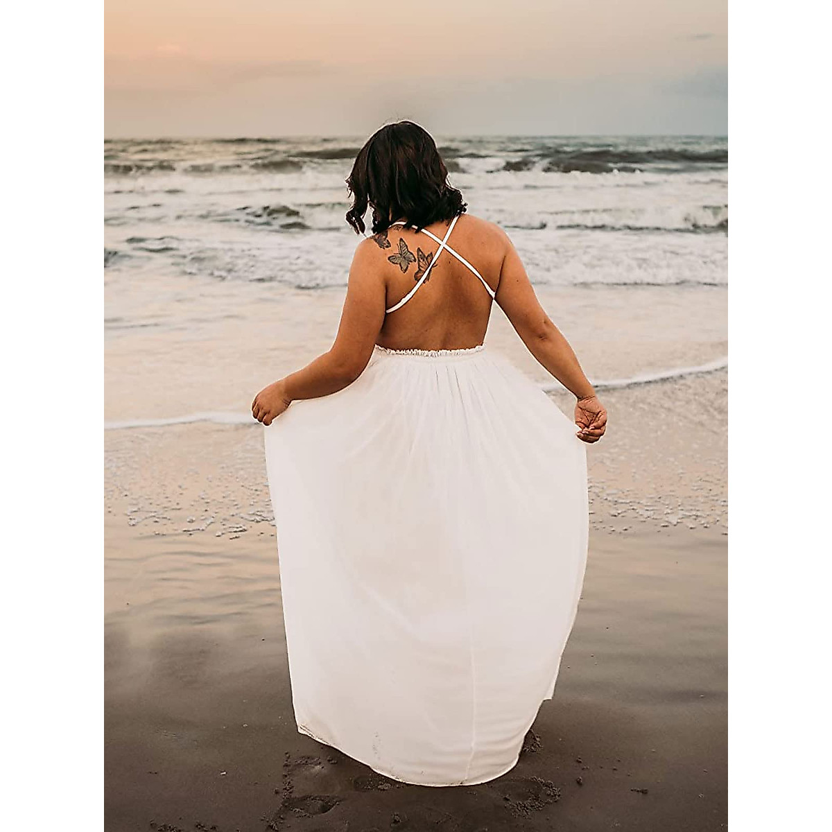 Ladmous Women's V Neck Floral Lace Wedding Dress Backless Bridesmaid Evening Party Maxi Dress White，S