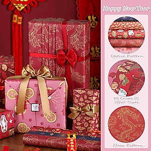 Gift Birthday Wrapping Paper Eastern China Theme For Mom Dad Boys Girls Friends, 20x28" Per Sheet(6 sheets:23 sq.ft.ttl.) Red Gift Wrap for Chinese Lunar New Year 2022 Spring Festival Wedding Baby Shower Christmas