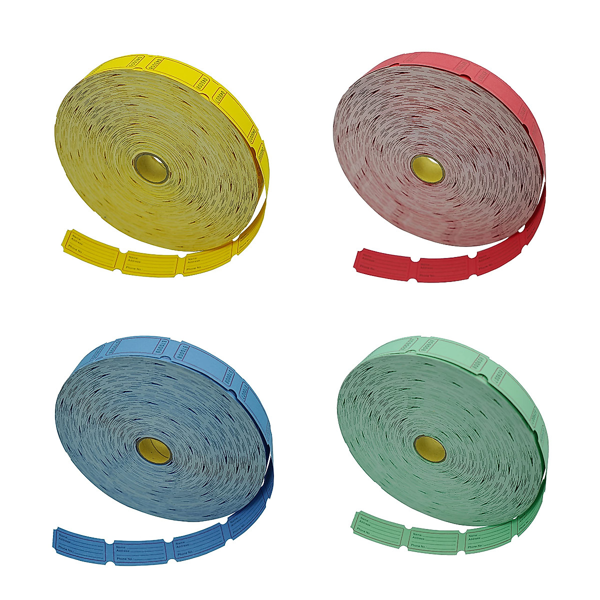 DNB 8000 Pcs Raffle Tickets - 4 Color Set of 2000 Pcs 2 x 1 Inch Single Roll Consecutively Numbered Blank Tickets - Blue/Yellow/Red/Green