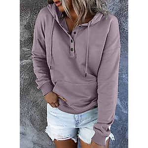 SHEWIN Womens Hoodie Pullover Long Sleeve Solid Button Fleece Fashion Hoodies Sweatshirts Cozy Lightweight Fall Oversized Sweatshirt for Teen Girls,US 16-18(XL),Purple