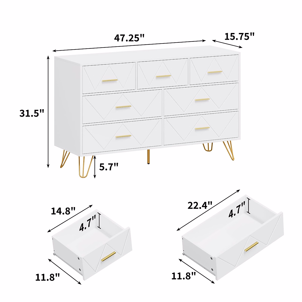 CARPETNAL White Dresser for Bedroom, 7 Drawer Dresser with Wide Drawers and Metal Handles, Wood Dressers & Chests of Drawers for Hallway, entryway.