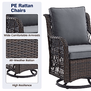GAOMON 3 Pieces Outdoor Swivel Rocker Chair Set of 2 with Glass Top Table, Outdoor Swivel Glider Rocker, Wicker Swivel Chair Set for Patio Porch Pool (Dark Brown Wicker/Gray Cushion)