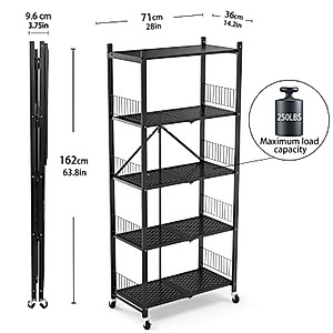 GUUVOR Shelf Collapsible/Foldable Heavy Duty Shelving Unit, Steel Organizer Wire Rack with Wheels, Rolling Cart, Home Kitchen Laundry Closet Storage (5-Tier)