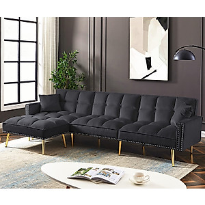 Modern Sectional Sofa with Reversible Chaise Lounge, L-Shaped Couch with 2 Pillows for Living Room Apartment (Black-L)