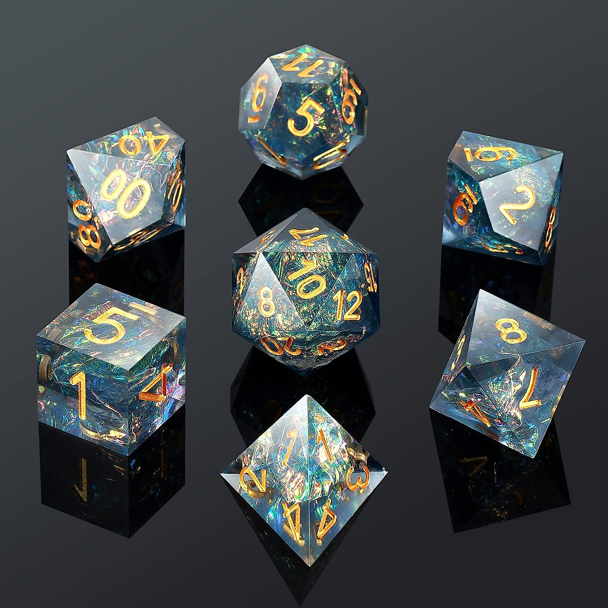 Dungeons and Dragons Dice Set,DNDND Handmade Sharp Edge 7 Die with Gift Dice Case for DND Dungeons and Dragon Game (Dark Cyan with Gold Number)