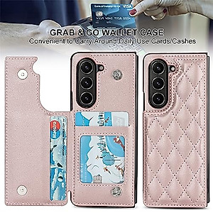 Ephoou Flip Wallet Case Compatible with Samsung Galaxy Z Fold 5 for Women, Luxury PU Leather Shockproof Cover Case with Card Holder (Kickstand Function) for Samsung Galaxy Z Fold5 SKG-Rose Gold