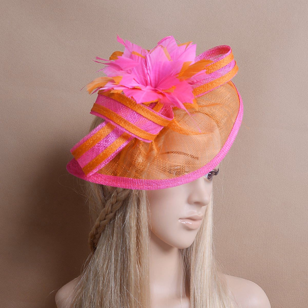 Lawliet Womens Sinamay Feather Fascinator Cocktail Hat Headband Church Wedding A268 (Orange Mix Pink)