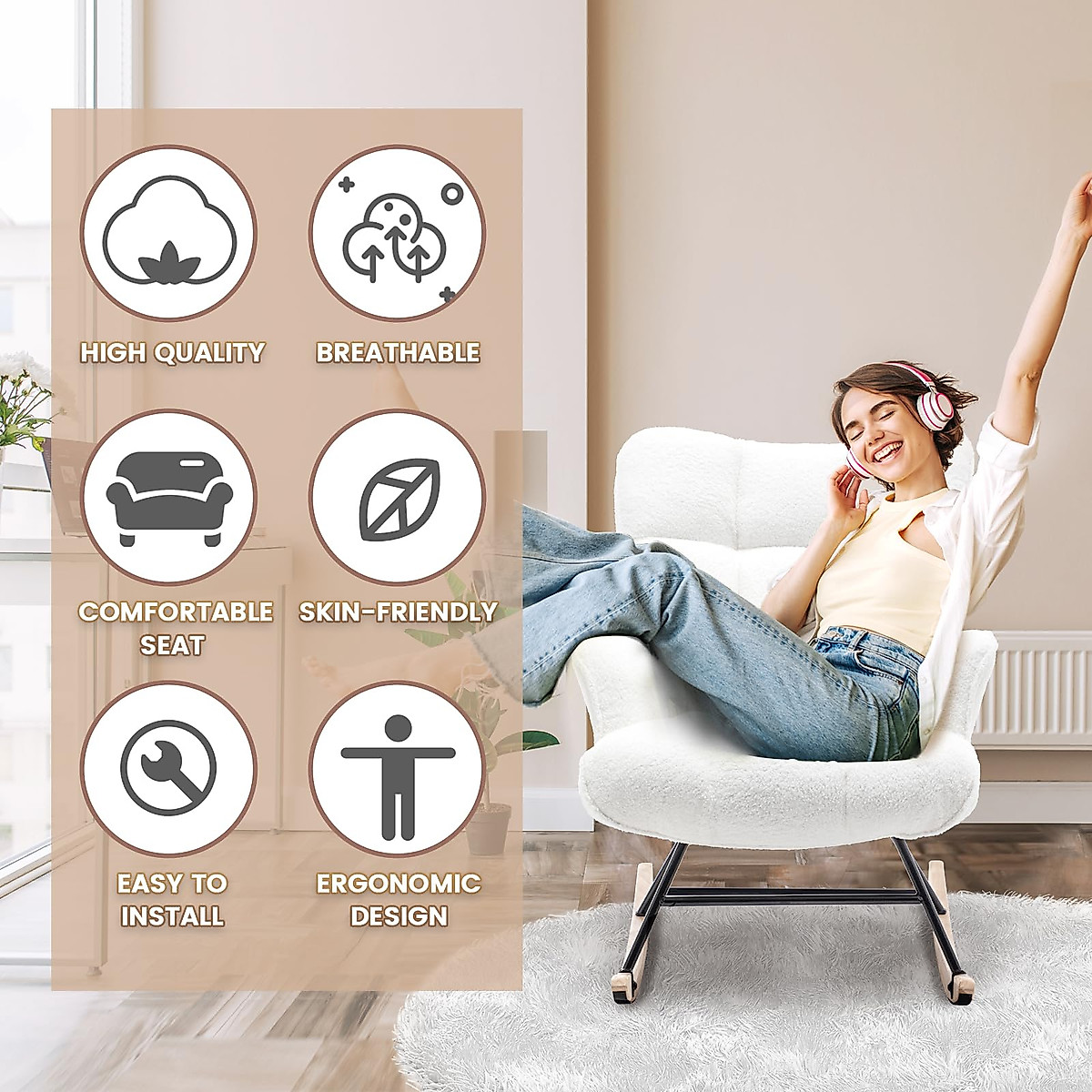 SAETSFEG Nursery Rocking Chair Teddy, Upholstered Glider Rocker with High Backrest, Comfortable Stylish Accent Armchair with Padded Seat for Living Rooms, Bedrooms, Offices, White