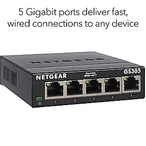 NETGEAR GS305, 5 Port Gigabit Ethernet Network Switch, Ethernet Splitter, Hub, Desktop, Sturdy Metal, Fanless, Plug and Play