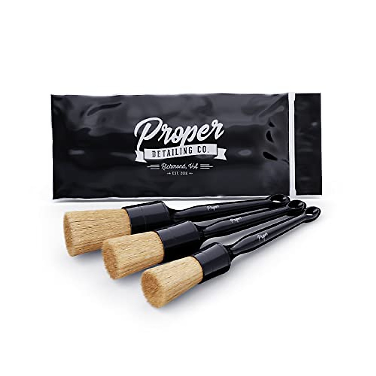 PROPER DETAILING CO. Car Detailing Brush Set, 3 Pack Natural Boars Hair Detailing Brushes, Clean Interior or Exterior, Wheels, Tires, Engine Bay, Leather Seats, Car Detailing Kit, Detailing Brush