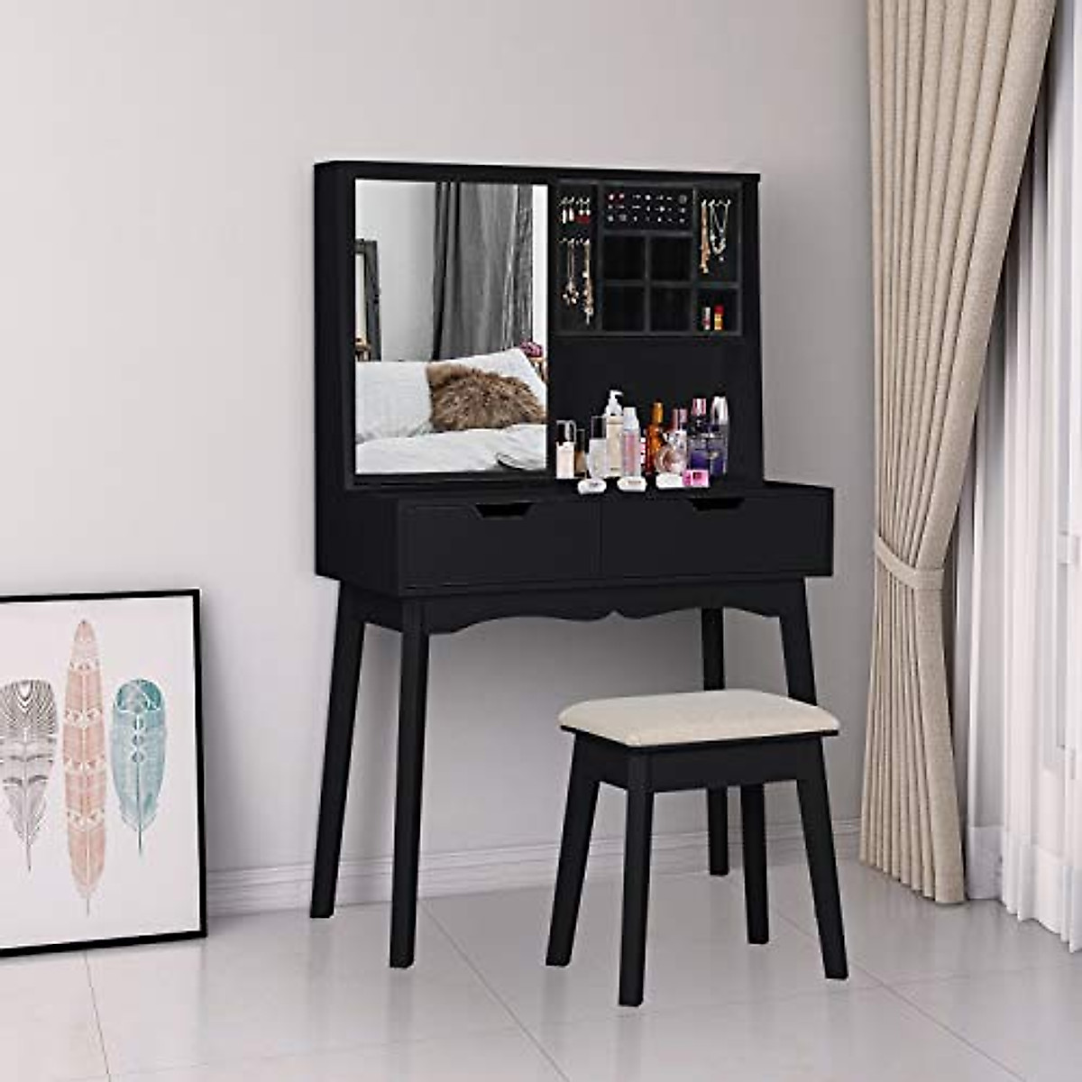 LYNSLIM Vanity Desk, Makeup Vanity with Mirror & LED Lights，Makeup Vanity Table with 2 Drawers & 4 Storage，Small Vanity Set Storage Stool for Dressing Bedroom (Black, Big)