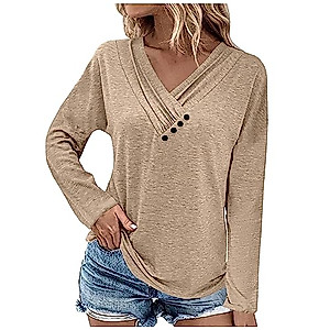Womens Fall Fashion 2023 Casual Clothes Long Sleeve Shirts Plus Size Going Out Tops Blouses for Women Dressy Clothing Tunics Or Tops to Wear with Leggings Loose Fit Vacation Outfits(A Khaki,Medium)