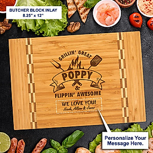 Poppy Gift – PERSONALIZED Bamboo Cutting Board Custom Engraved Grillin Great Flippin Awesome Fathers Day Birthday Christmas Gift Best Poppy Ever Papa Poppop Gifts from Grandkids Grandchildren(8.25x12)