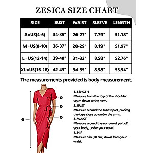 ZESICA Women's Elegant Bodycon Party Dress Satin Wrap V Neck Ruched Belted Formal Midi Dresses,Red,Medium