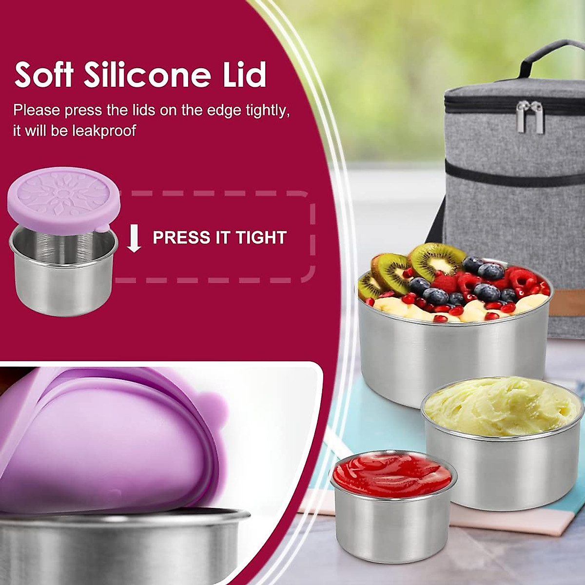 LIHONG Stainless Steel Containers with Lids,Snack Containers,Sauce Containers,Lunch Box for Kids Adults,Rustproof,Leakproof,Easy Open,Set of 3(3.4oz, 7oz,13oz)