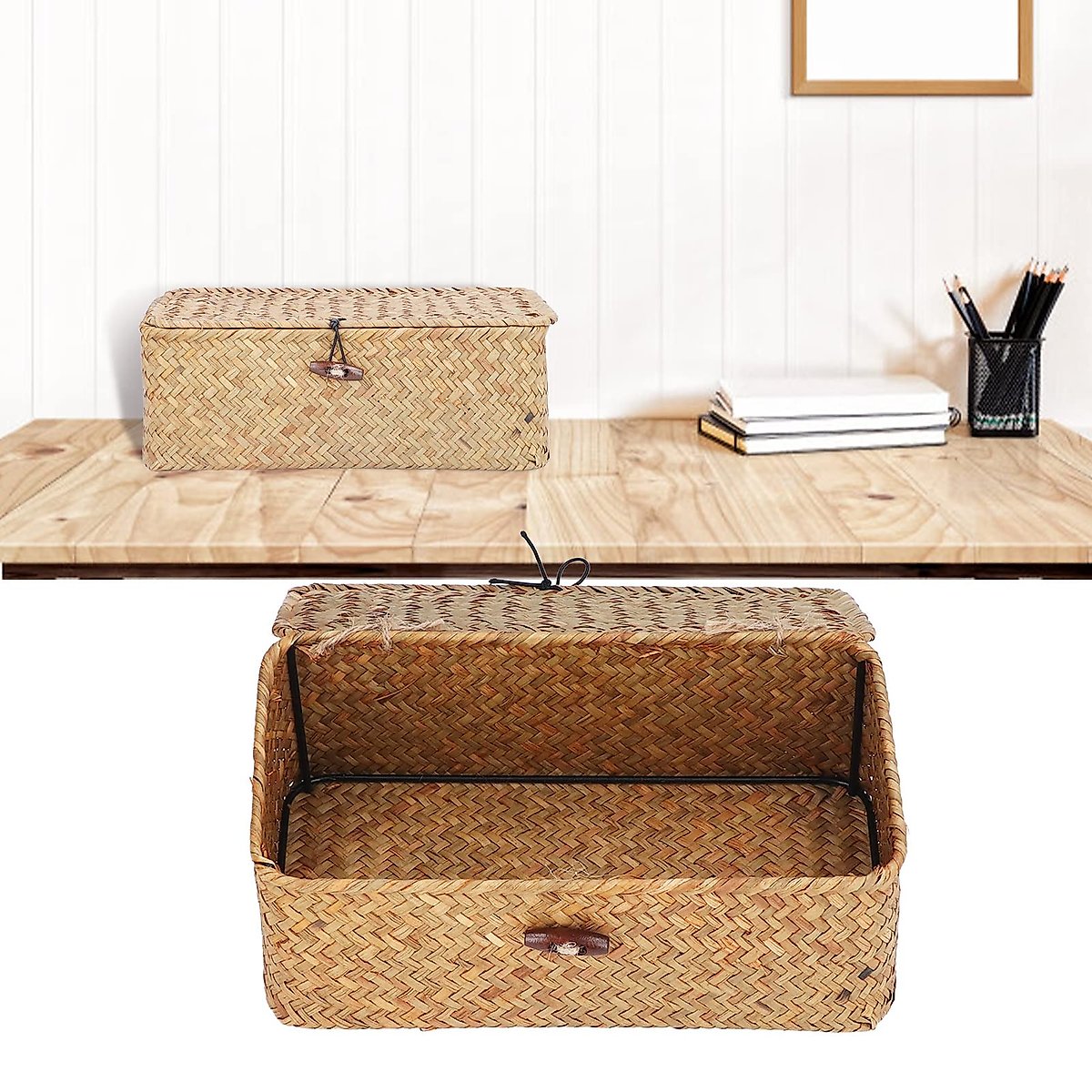 Jiawu Seagrass Baskets, Handwoven Seagrass Storage Bins with Lid, Multipurpose Rectangular Shelf Baskets, Household Boxes with Buckle, Small Rustic Container for Shelves Organizing (L)
