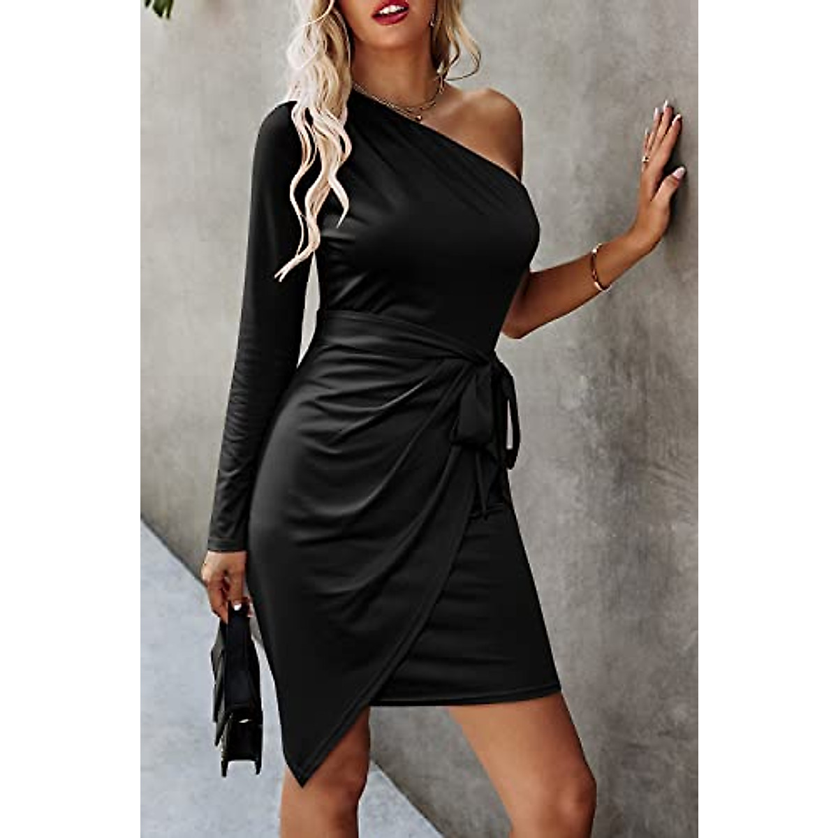 PRETTYGARDEN Women's Fall Fashion One Shoulder Long Sleeve Bodycon Dresses Ruched Irregular Hem Mini Dress (Long Sleeve Black,Large)
