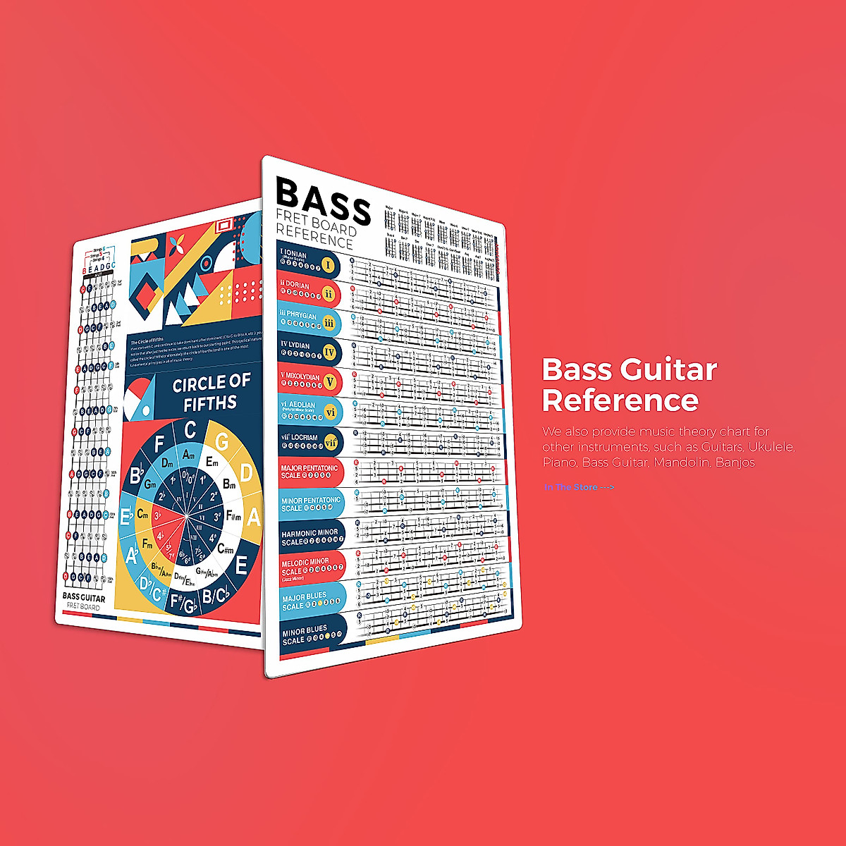 Bass Scales Chart for Beginner Adult or Kid, 8'' x 11'' Pocket Bass Scales Cheatsheets of Acoustic Electric Bass Guitar, Great Bass Scales Reference Poster to Improve Bass Technique & Music Theory