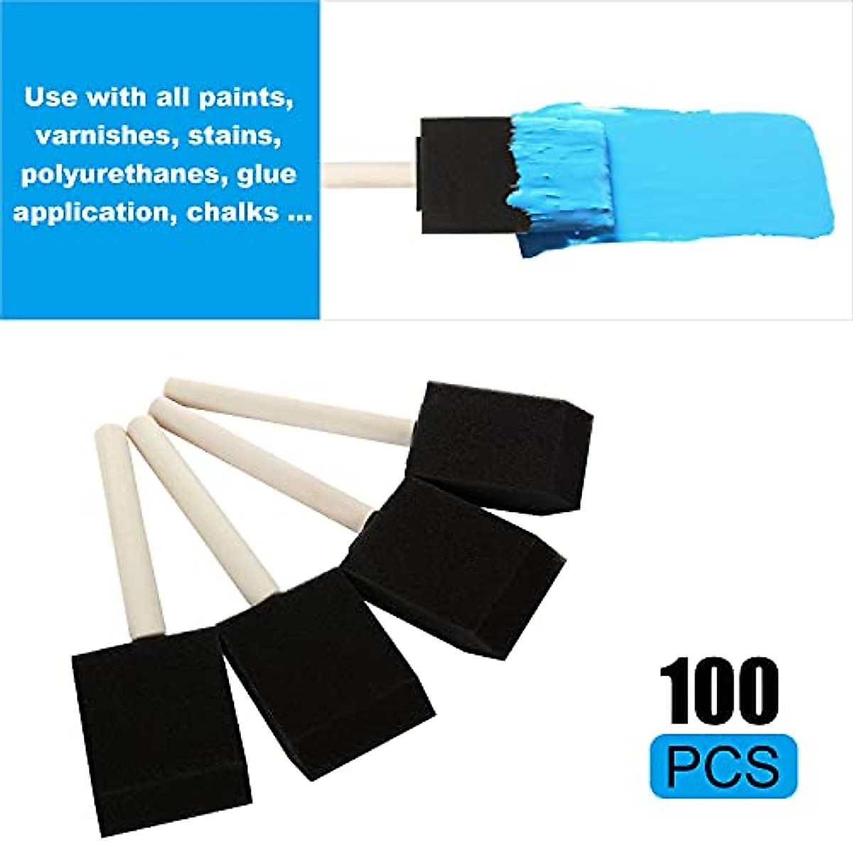 100 Pack 2 inch Foam Brush Sponge Wood Handle Paint Brush Foam Sponge Brush for Acrylics, Stains, Varnishes, Crafts