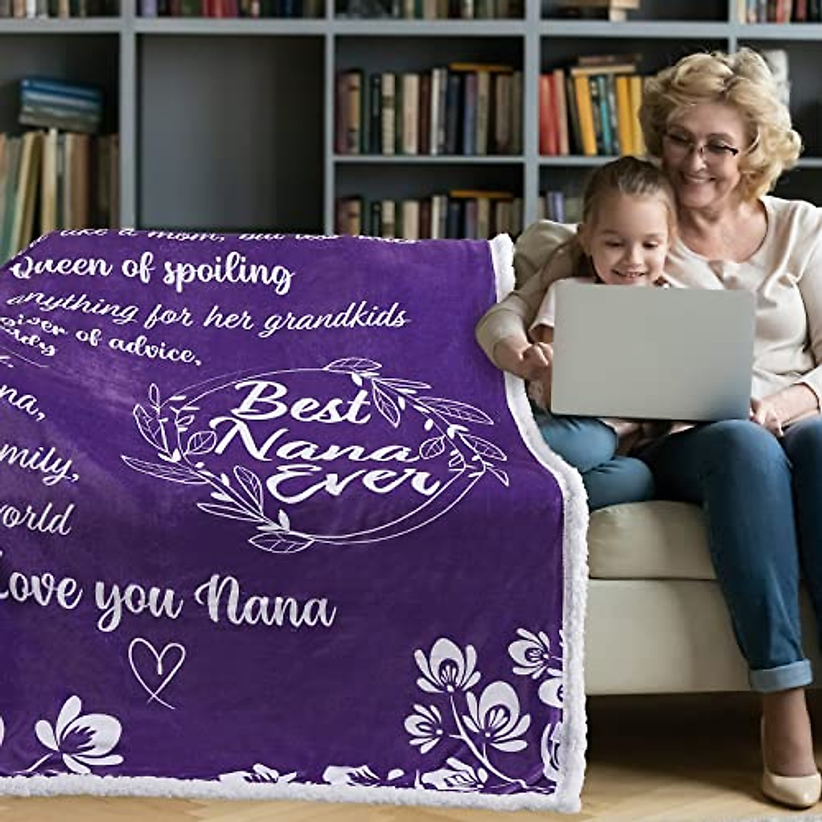 mami home Best Nana Ever Blanket Gift - Wonderful Blankets for Granny with Thick Double Layered Fleece and Sherpa Blanket Fabric | Wholesome I Love You Nana Gifts from Grandchildren Purple 50x60