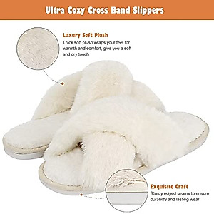 DOIOWN Women's Fuzzy Beige Slippers Memory Foam Cute House Slippers Plush Fluffy Furry Open Toe Home Shoes Bridal Bridesmaid Gifts for Wedding (Size 9-10)