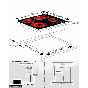 K&H 4 Burner 24 Inch Built-in Electric Stove Top Radiant Ceramic Cooktop SLIDER Touch Control 240V 7200W CE24-7206SL