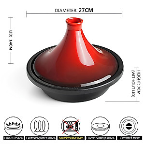 Xgxoz Tagine Cooking Pot Enameled Cast Iron Cooking Pot, 27Cm Large Tajine with Ceramic Cone-Shaped Closed Lid High-Quality Cookware- Double Oven Mitts Included
