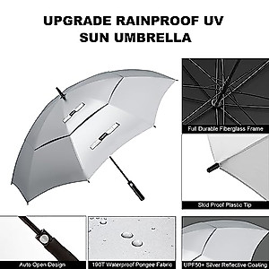 Fulynmen 62Inch UPF50+ Uv Umbrella Uv Blocker Large Golf Umbrella, Auto Open Extra Large Sun Umbrella Uv Protection Double Canopy Vented Windproof Waterproof Rain Umbrella Silver/Black