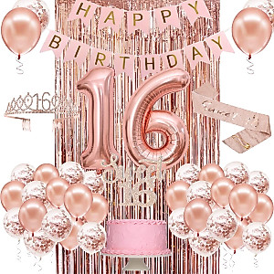 Sweet 16 Birthday Decorations for Girls, Rose Gold 16 Birthday Banner, Crown, Sash, Birthday Cake Topper and Number Balloon, Happy 16th Birthday Party Supplies for Girls