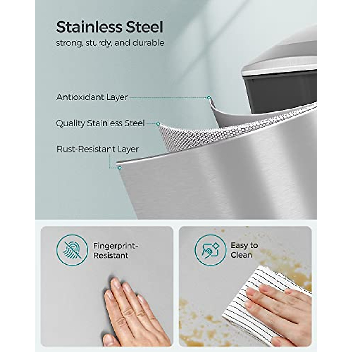 SONGMICS Slim Trash Can, 12.7 Gallon Garbage Can for Narrow Spaces with Soft-Close Lid, Inner Bucket, and Step-on Pedal, Stainless Steel, 15 Trash Bags Included, Silver ULTB510E48