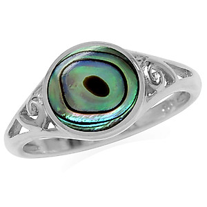 Silvershake 9mm Round Shape Abalone Paua Shell Inlay White Gold Plated 925 Sterling Silver Filigree Swirl Ring Size 7