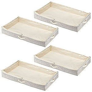 mDesign Soft Fabric Under Bed Storage Organizer Holder Bag for Clothing, Accessories, Linen - Easy-View Top Panel, Attached 2-Way Zippered Lid, Side Handles - 4 Pack - Natural/Cobalt Blue