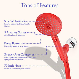 Sproos Handheld Shower Head, High Pressure, 3 Spray Functions Plus Pause, Extra Long 70 Inch Hose, Silicone Nozzles, Black