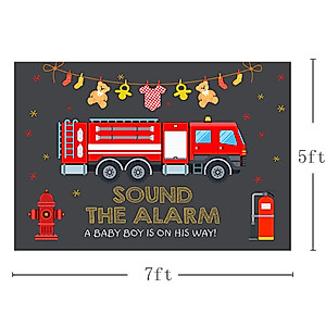 MEHOFOND Fire Truck Boy Baby Shower Photo Backdrop Firetruck Sound The Alarm Firefighter Little Fireman Red and Black Party Decorations Photography Background Banner for Dessert Table Supplies 7x5ft