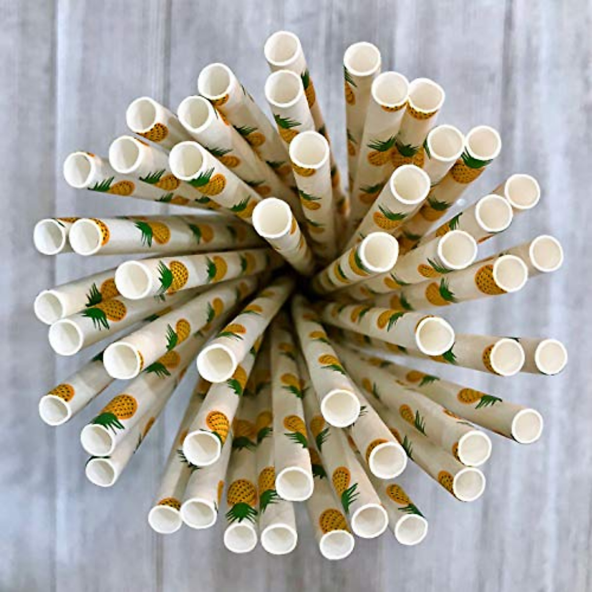 Pineapple Theme Paper Straws - Yellow Green White - Hawaiian Luau - 7.75 Inches - 100 Pack - Outside the Box Papers Brand