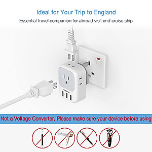 2 Pack US to UK Plug Adapter, TESSAN Ireland Scotland Type G Power Adapter, 4 American Outlets 3 USB, Travel Adaptor Converter for USA to England London British Hong Kong Irish Kenya Dubai Qatar