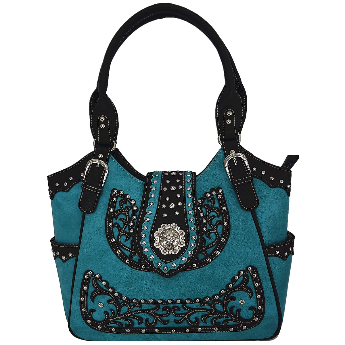 Western Style Rhinestone Concho West Concealed Carry Purse Country Handbag Women Shoulder Bag Wallet Set (Turquoise Set)